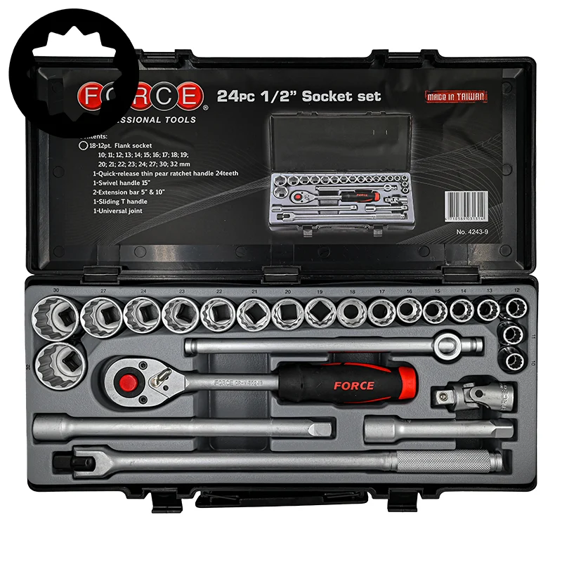 24pc 1/2" (Inch) 12pt. Flank Socket Set - Force Tools